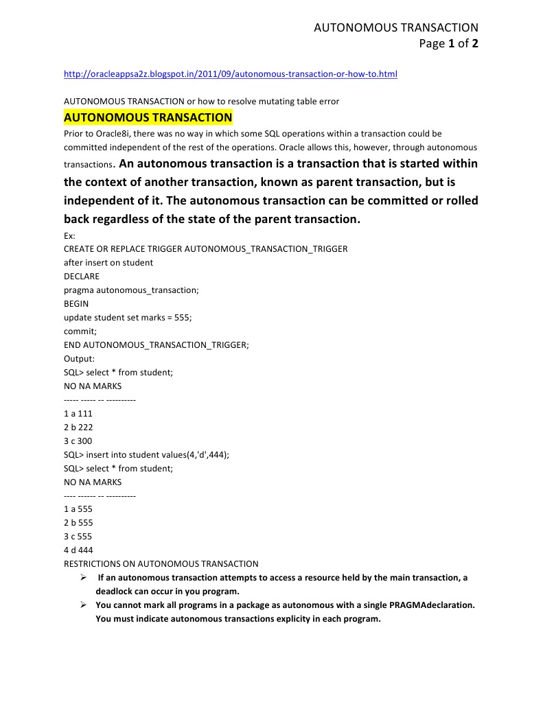 PLSQL Autonomous Transaction | PDF | Database Transaction | Software Engineering
