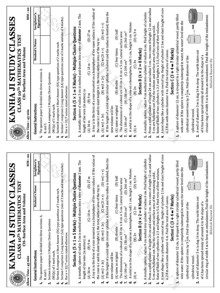 Surface Area and Volume Test Paper Final Print | PDF