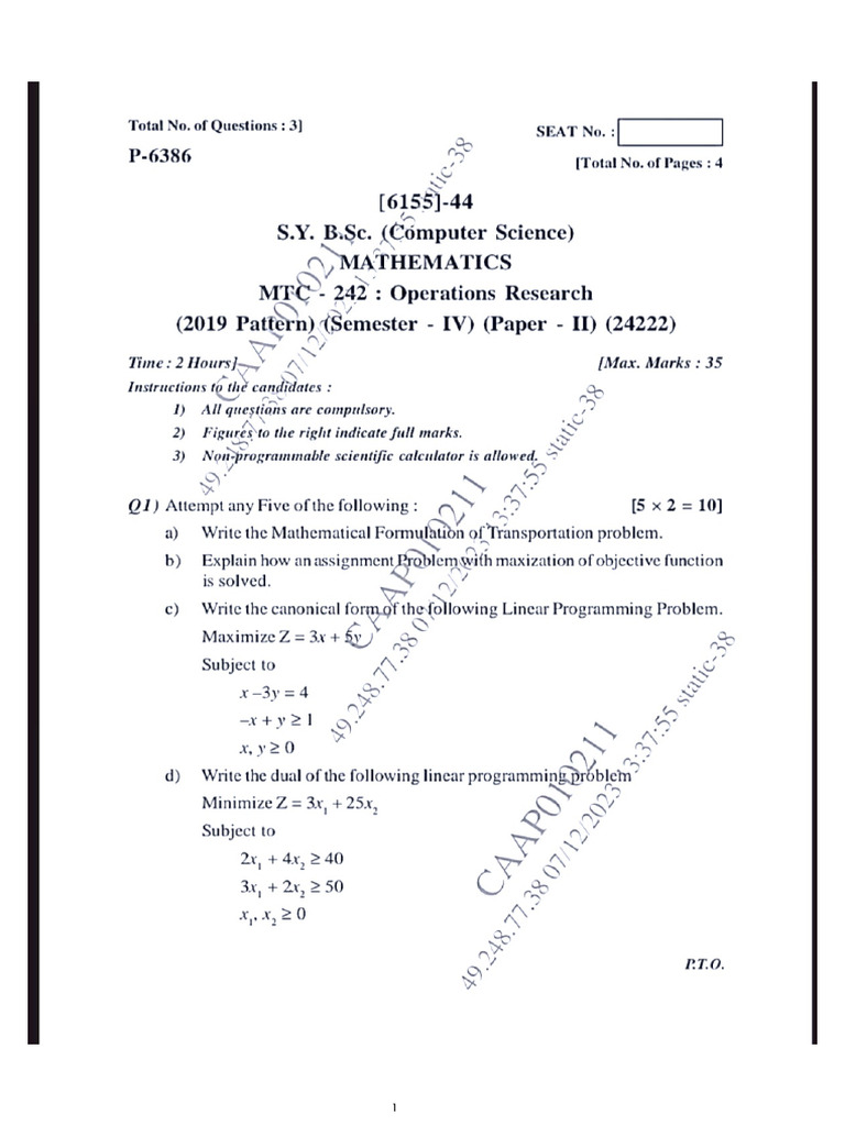 Operational Research Questions Paper | PDF