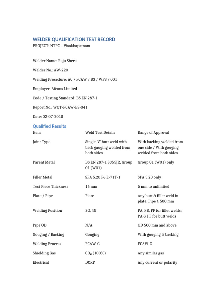 Welder Qualification Record for NTPC Project | PDF