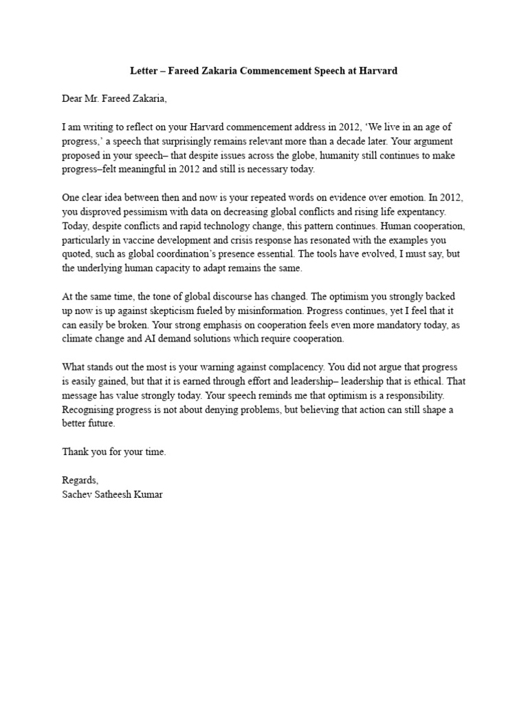 Letter - Fareed Zakaria Commencement Speech at Harvard | PDF