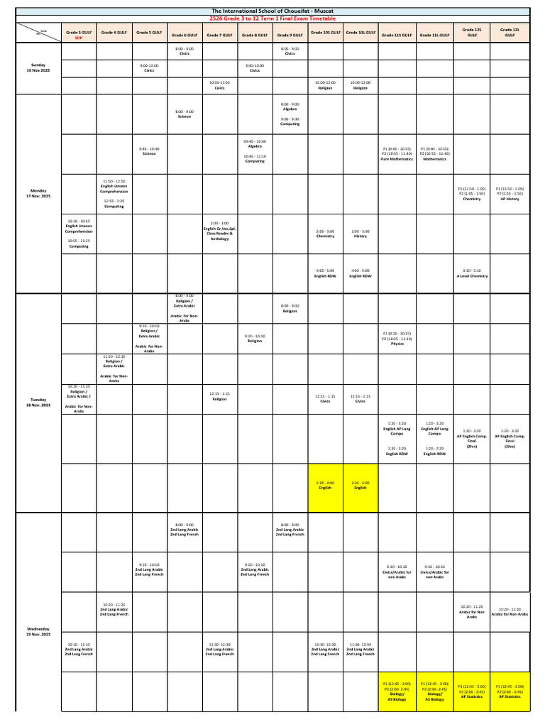 2526 Term 1 Final Exams Timetable - Muscat | PDF | Mathematics | Science
