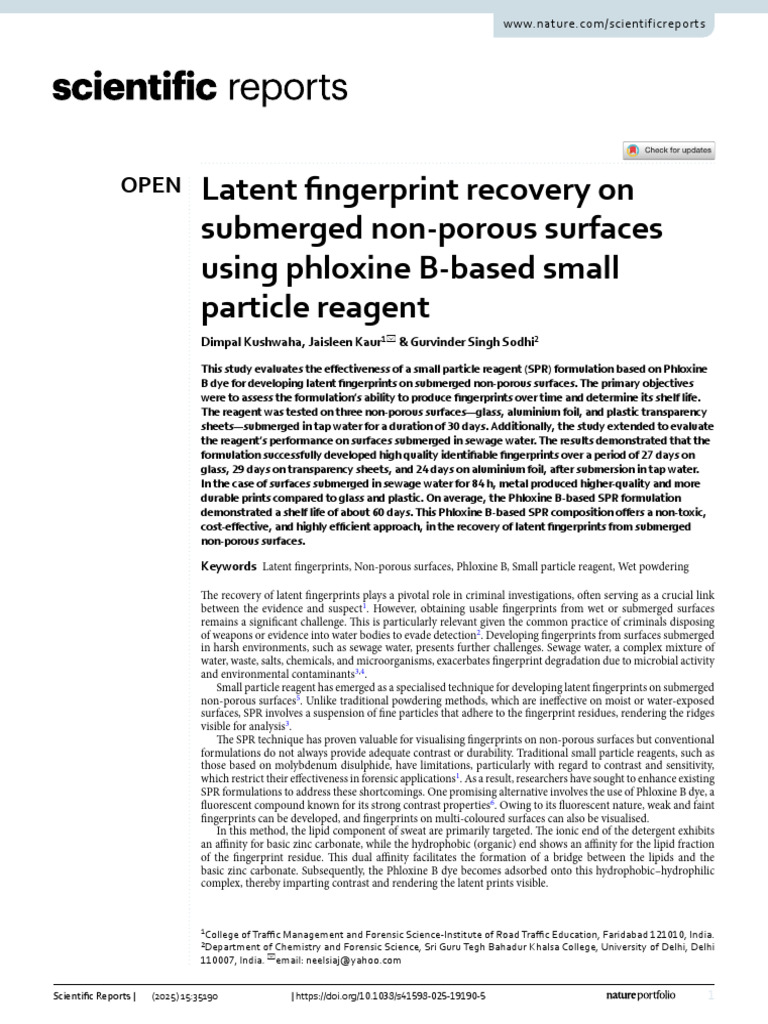 Latent Fingerprint Recovery On Submerged Non-Porous Surfaces Using ...