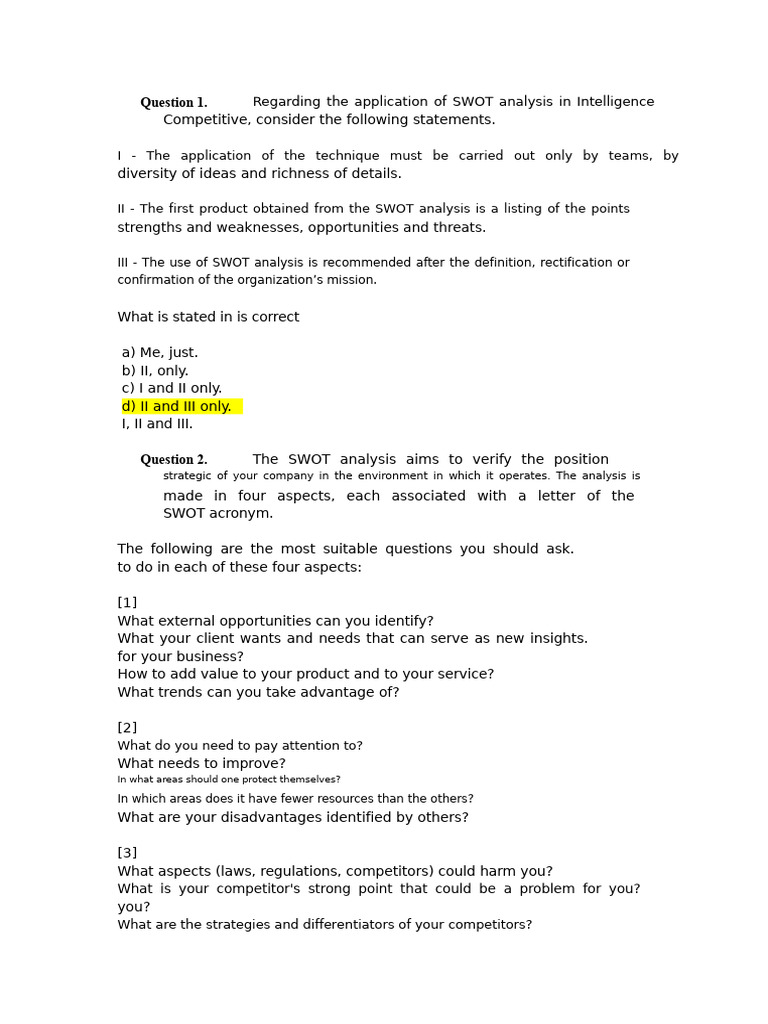 SWOT Analysis Questions - Answer Key | PDF | Swot Analysis | Economies
