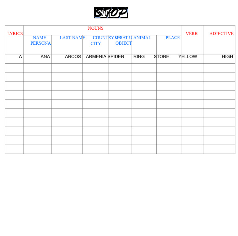 STOP Game of Grammatical Categories | PDF