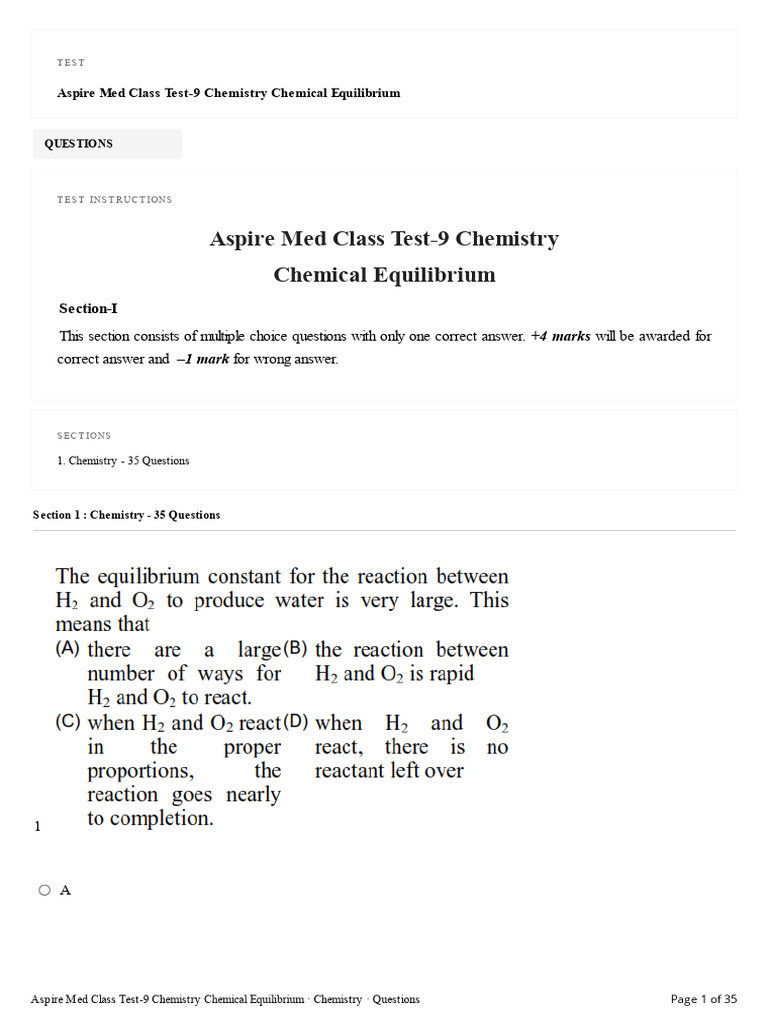 Aspire Med Class Test-9 Chemistry Chemical Equilibrium | PDF ...
