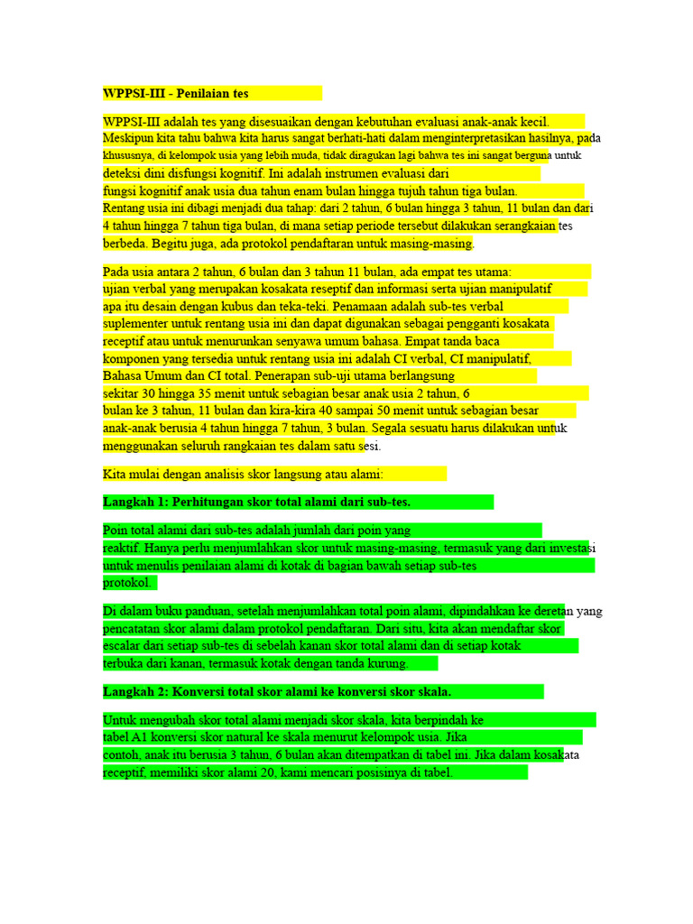 WPPSI-III: Panduan Penilaian Kognitif Anak | PDF