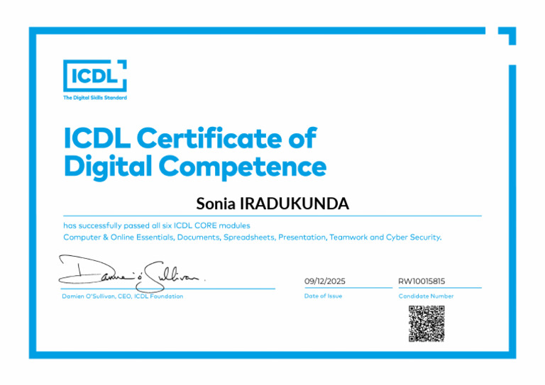 ICDL Certificate of Digital Competence - Sonia IRADUKUNDA | PDF