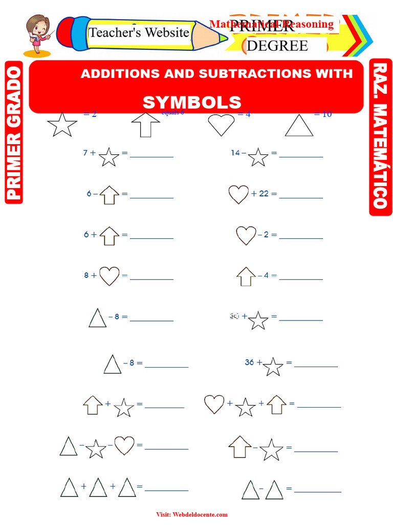 Addition and Subtraction With Symbols For First Grade of Primary School ...