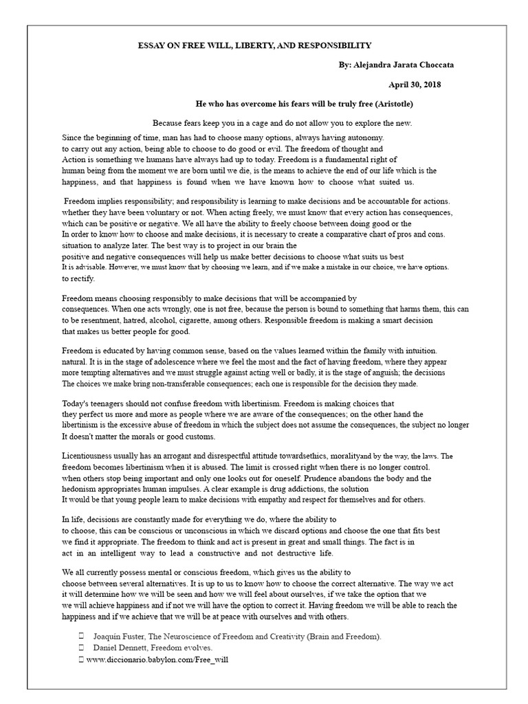 Free Will, Liberty, and Responsibility Essay | PDF | Consciousness ...