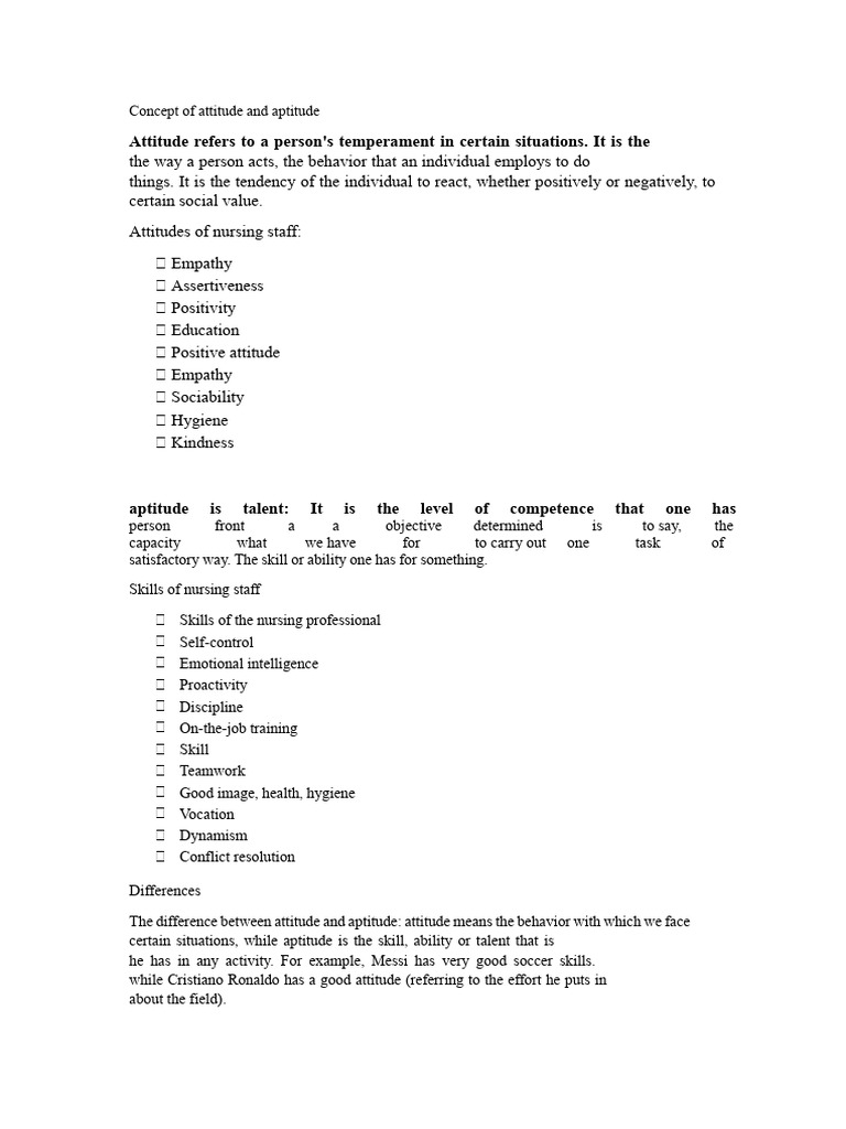 Concept of Attitude and Aptitude | PDF | Attitude (Psychology) | Nursing