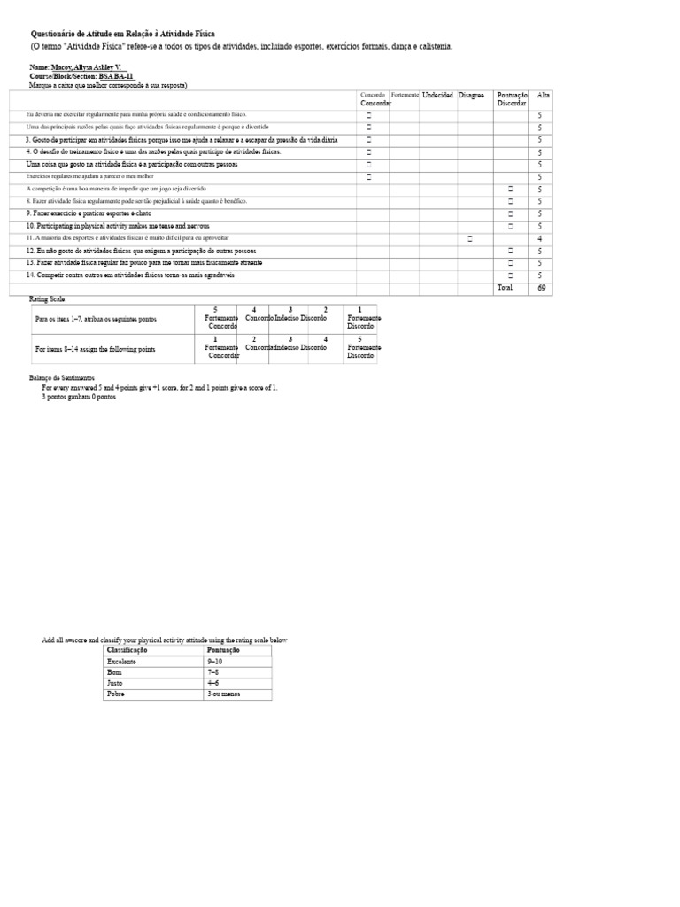 Questionário de Atitude sobre Exercícios | PDF | Atitude (Psicologia)