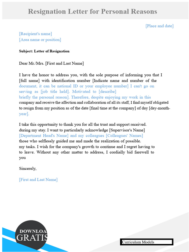 26-Letter of Resignation For Personal Reasons | PDF