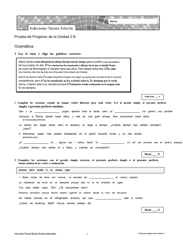 Prueba de Progreso Unidad 2 A: Gramática y Vocabulario | PDF