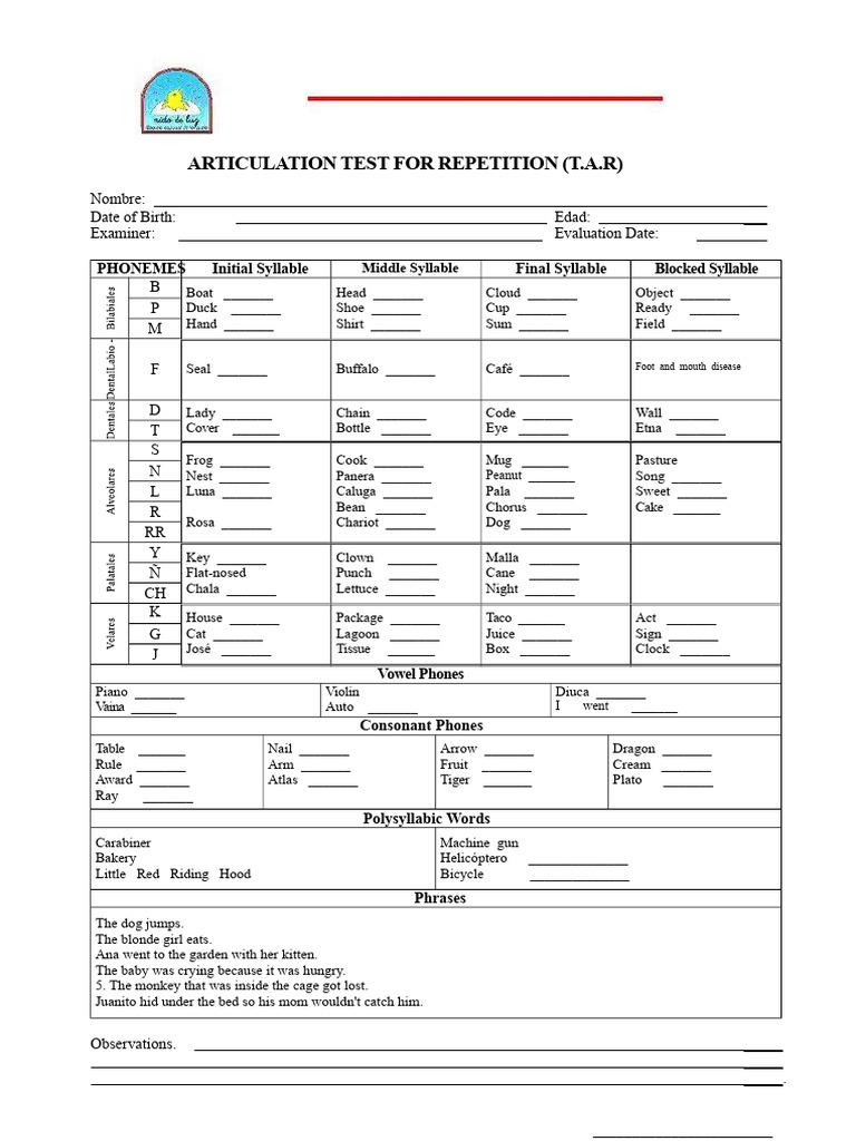 Articulation test of repetition.doc | PDF | Syllable | Linguistics