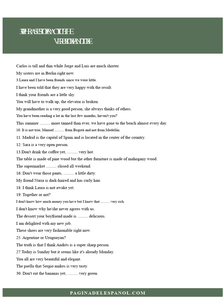 30 Sentences To Practice The Verbs 'Ser' and 'Estar'. | PDF