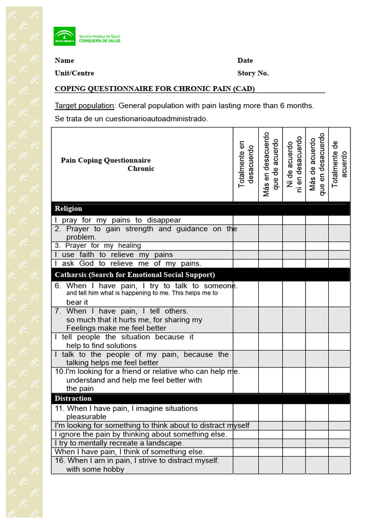 Coping Questionnaire For Pain (CQP) | PDF | Pain | Prayer