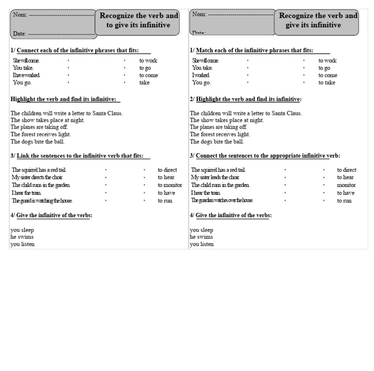 Exercises 1 Recognize The Verb and Give Its Infinitive - CE1 ...