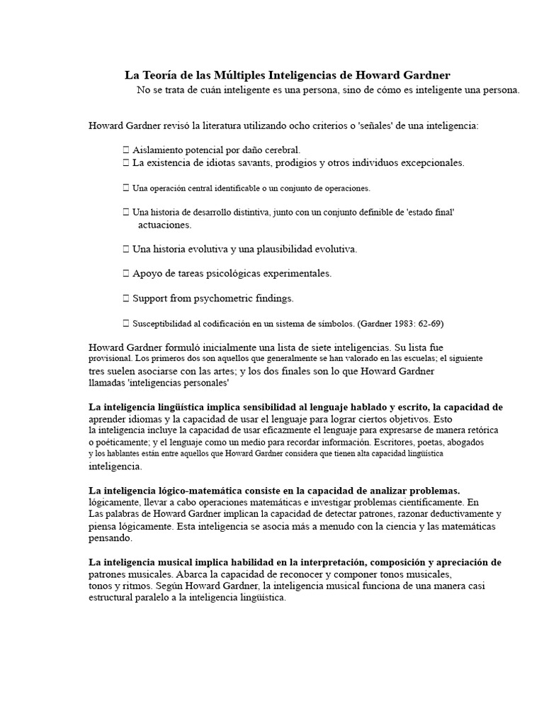 La Teoría de Las Inteligencias Múltiples de Howard Gardner | PDF ...