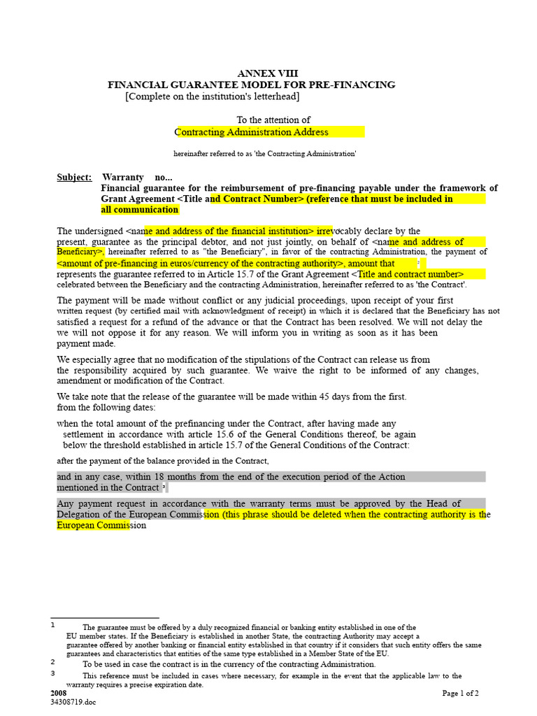 Financial Guarantee Model for Pre-Financing | PDF | Guarantee | Private Law