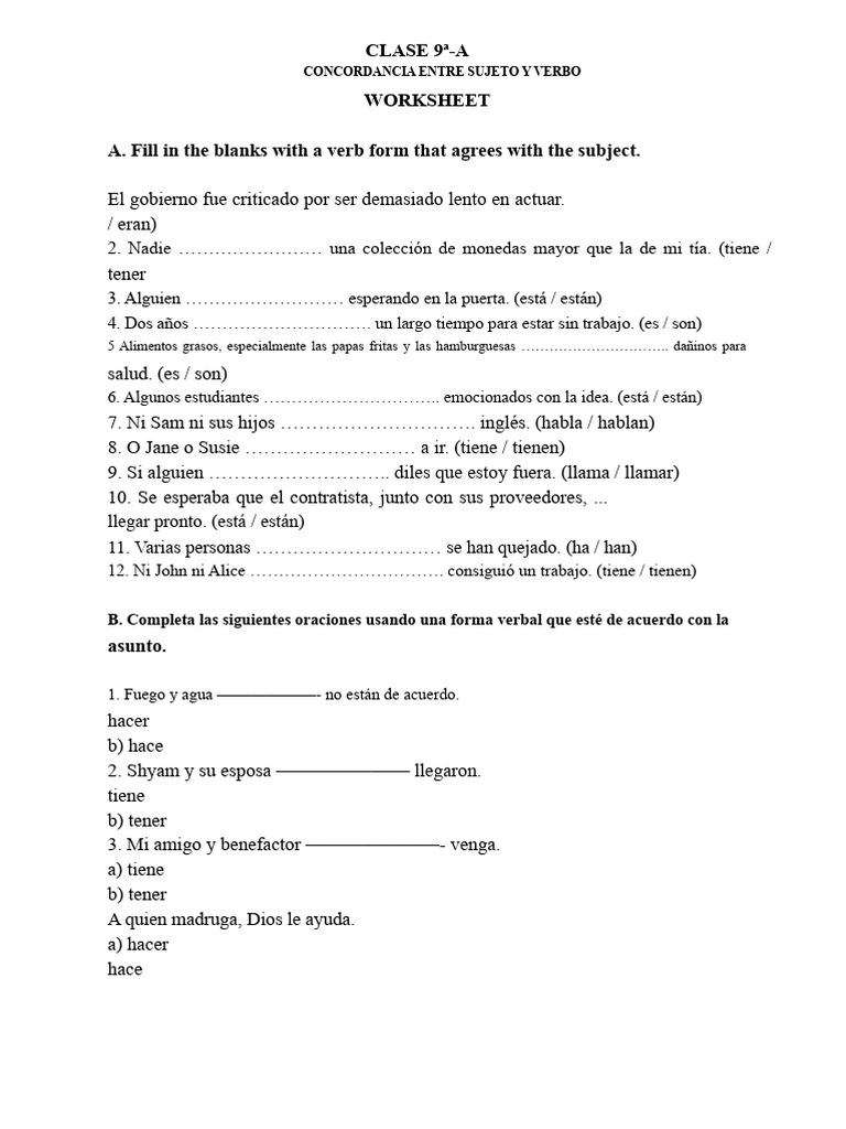 acuerdo sujeto verbo - hoja de trabajo | PDF | Verbo | Asunto (gramática)