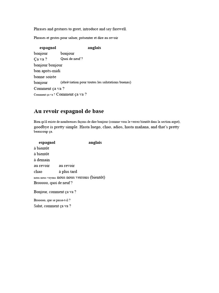 Salutations et adieux en espagnol et anglais | PDF