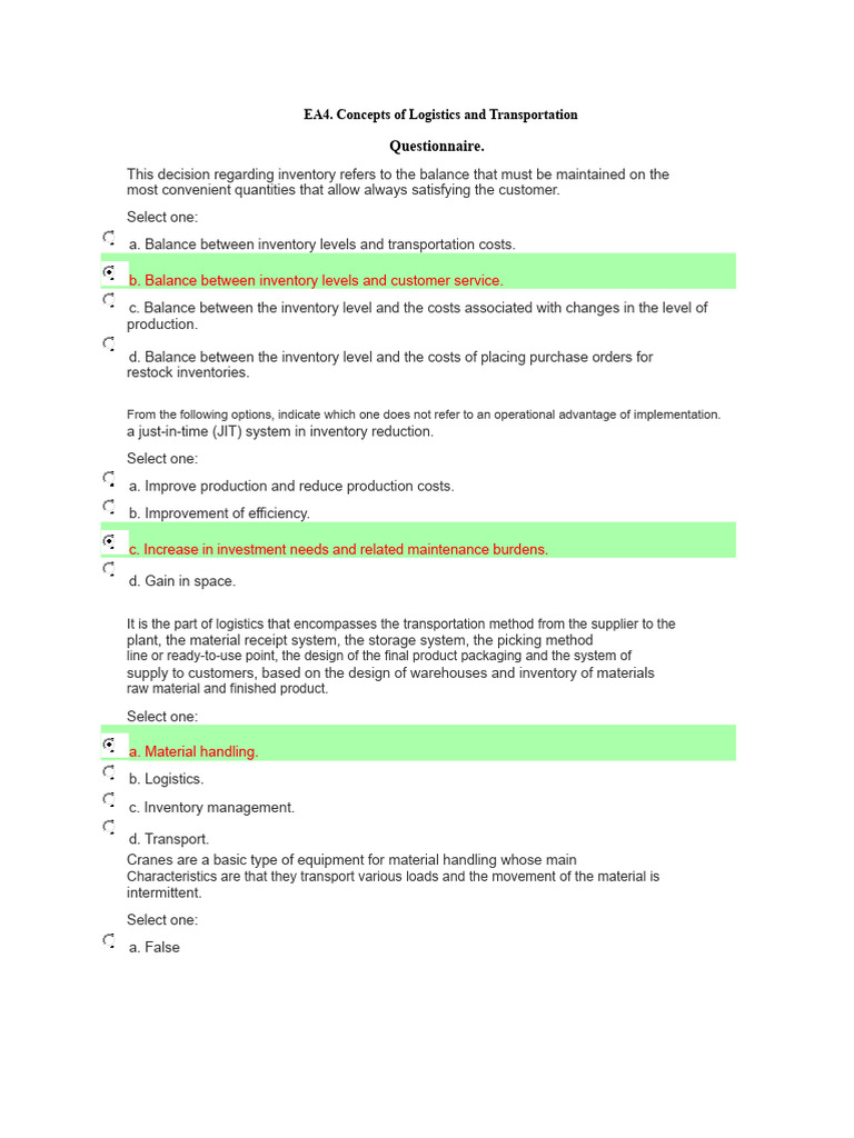 Logistics and Transportation Concepts Quiz | PDF | Logistics | Inventory