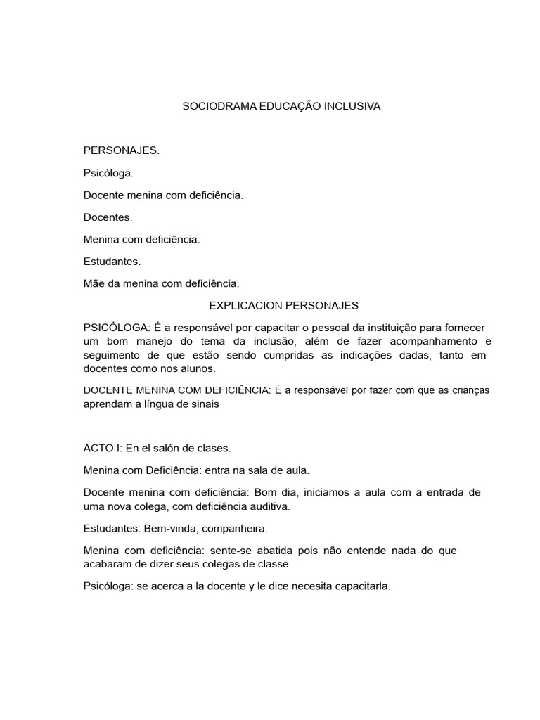 Sociodrama sobre Educação Inclusiva | PDF | Inclusão (Educação ...