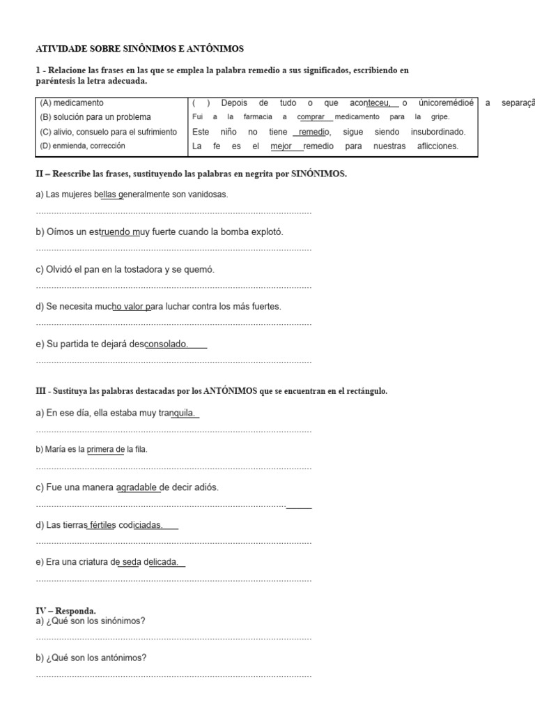 Actividad Sobre Sinónimos y Antónimos | PDF