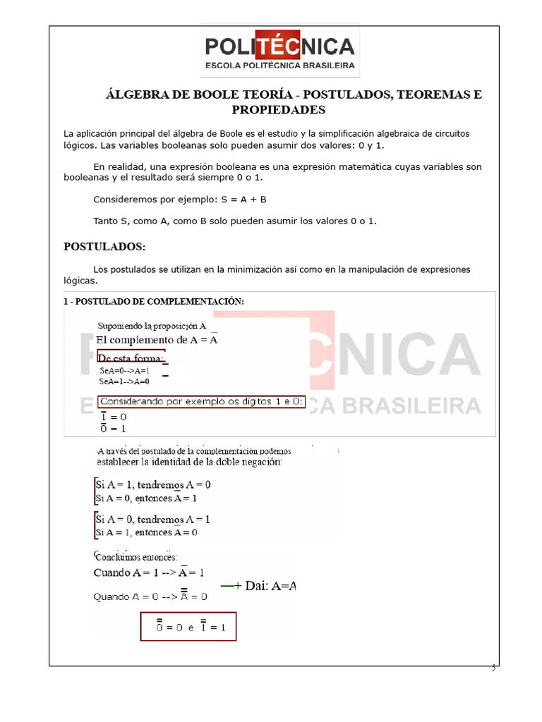 Álgebra de Boole Teoría - Postulados, Teoremas y Propiedades | PDF ...