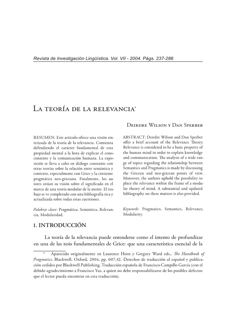 4B-Sperber y Wilson - La Teoria de La Relevancia | PDF | Cognición ...