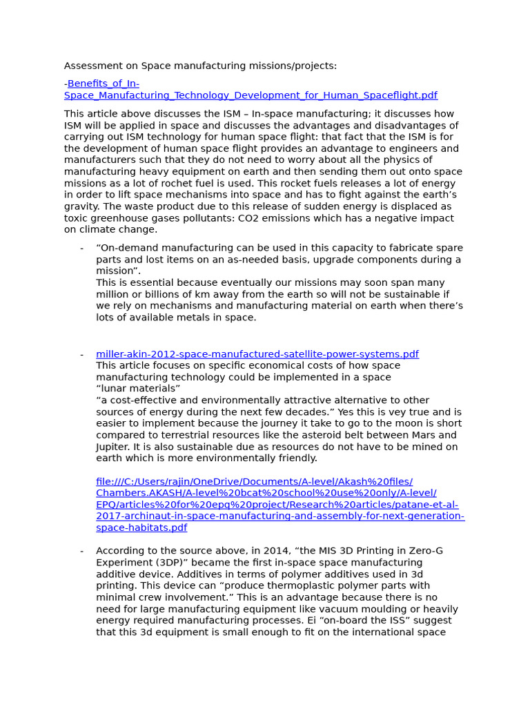 In-Space Manufacturing Benefits for Spaceflight | PDF | Earth | 3 D ...