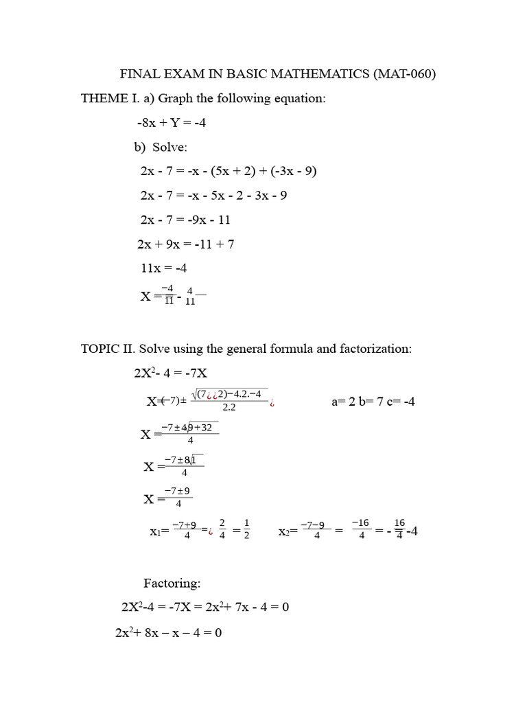 Final Exam of Basic Mathematics | PDF | Factorization | Equations