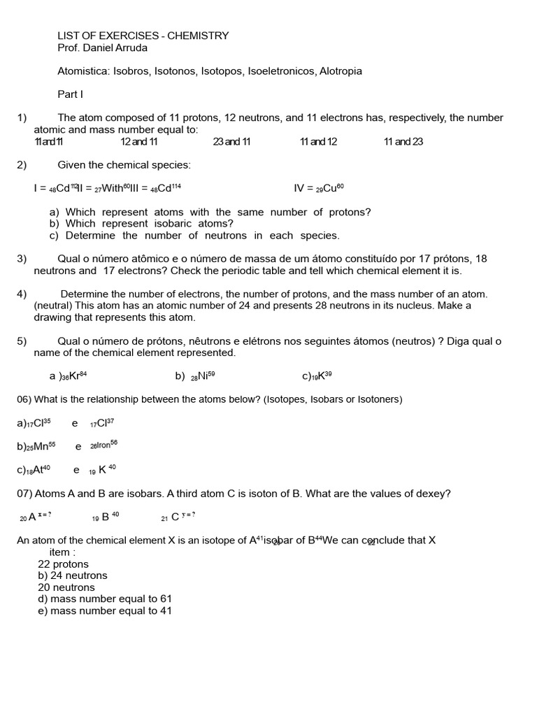 Chemistry Exercises on Atoms and Isotopes | PDF | Atoms | Isotope