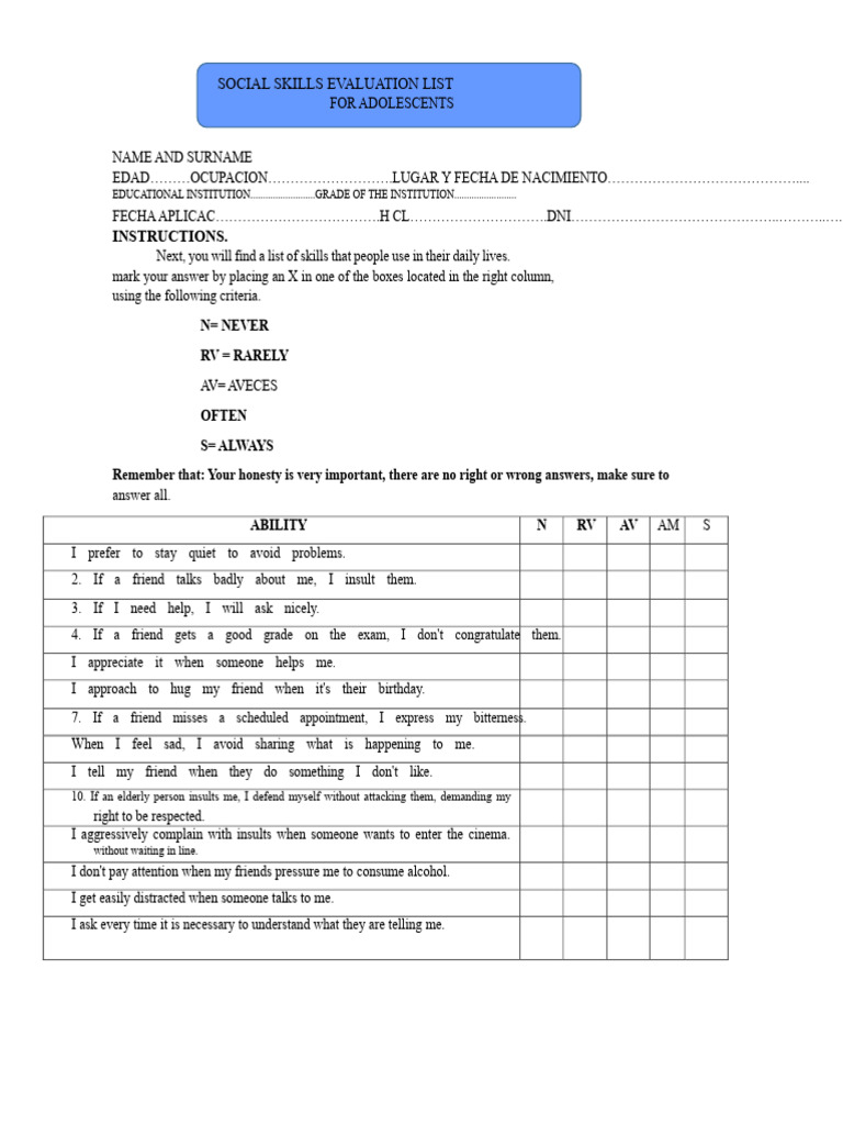 Social Skills Assessment Checklist | PDF | Anger | Behavioural Sciences