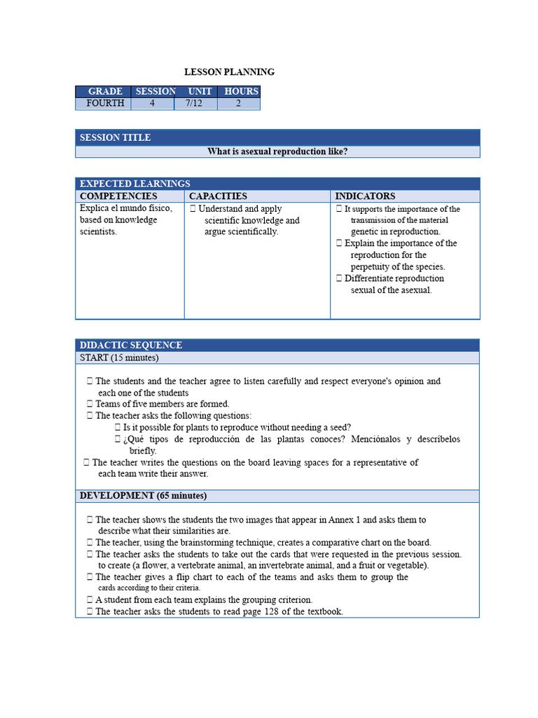 Asexual Reproduction Lesson Plan for 4th Grade | PDF | Reproduction ...