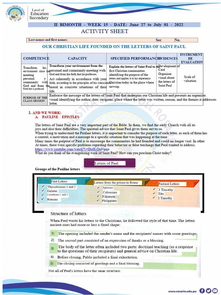SHEET 15 Letters of Saint Paul | PDF | Paul The Apostle | Epistle To ...
