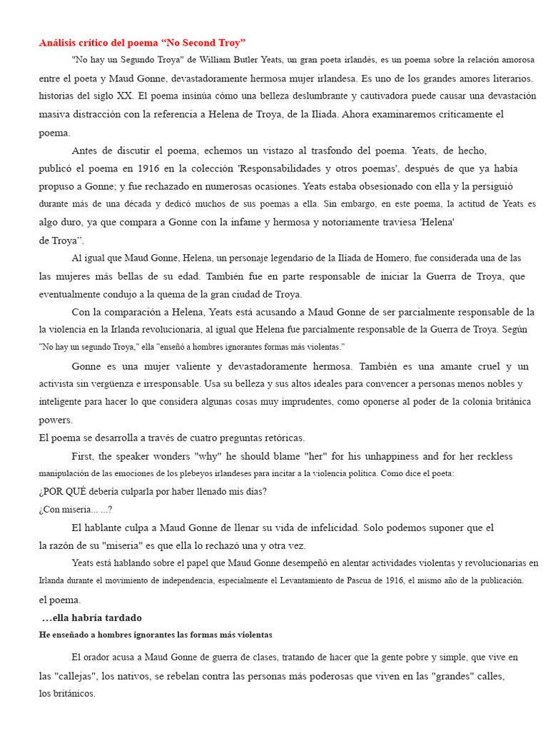 Análisis del poema "No Second Troy" de Yeats | PDF