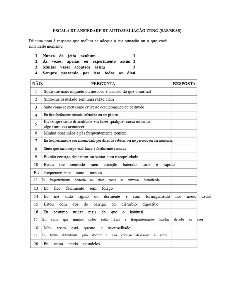 Questionário Da Escala de Autoavaliação de Ansiedade de Zung | PDF ...