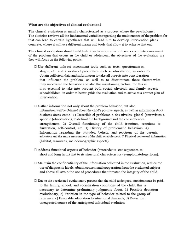 Objectives of Clinical Evaluation | PDF | Evaluation | Adolescence