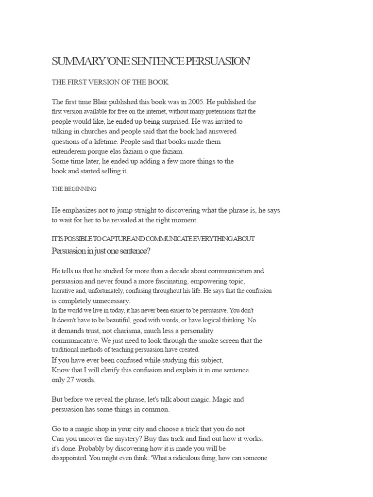 SUMMARY "ONE SENTENCE PERSUASION" | PDF | Persuasion | Knowledge