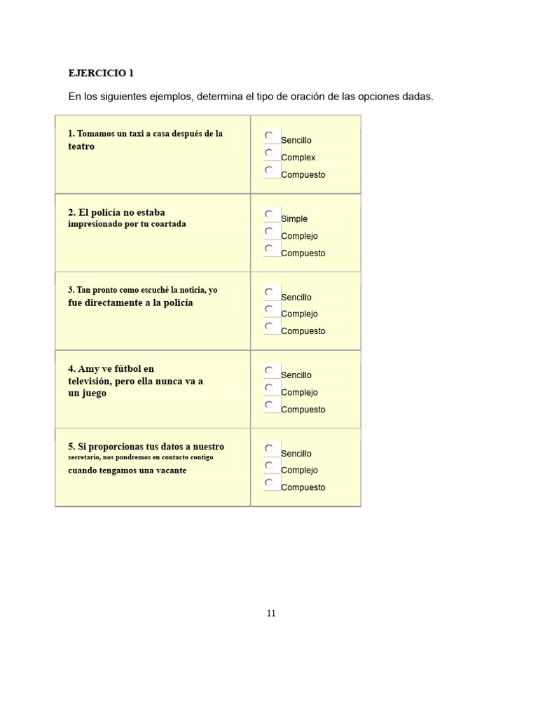 EJERCICIO Tipo de Oraciones | PDF