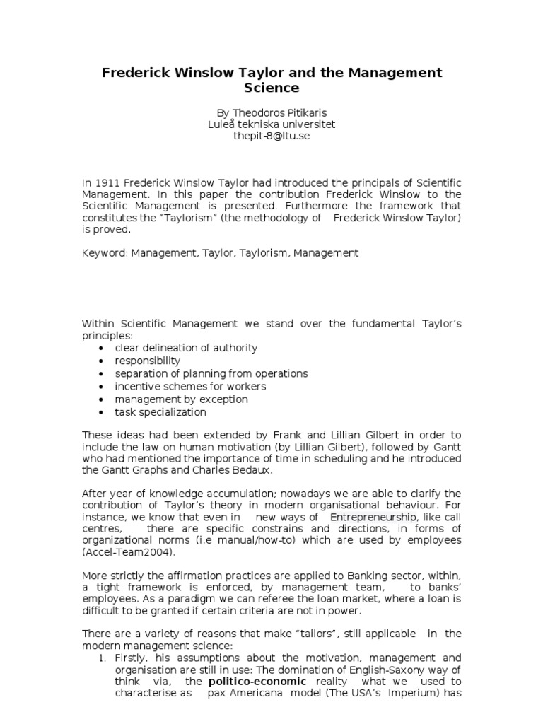 Frederick Winslow Taylor And The Management Science PDF Labour