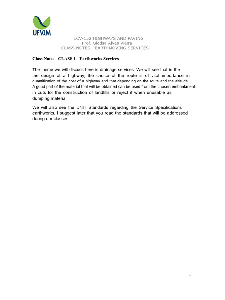 Class Notes - Class 01 - Earthworks Services. | PDF | Road | Rock (Geology)