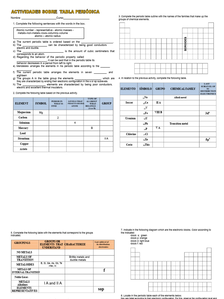 Periodic Table Activities 1st D | PDF | Periodic Table | Chemical Elements