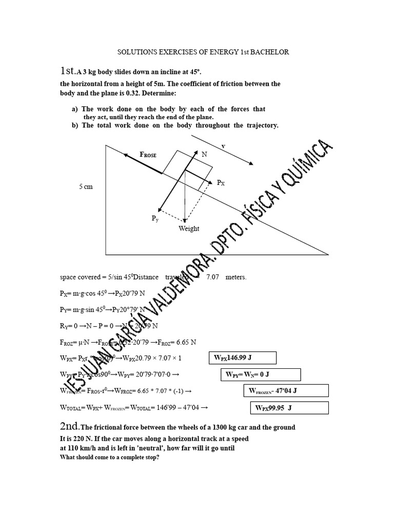 Energy Solutions for Physics Exercises | PDF | Force | Friction