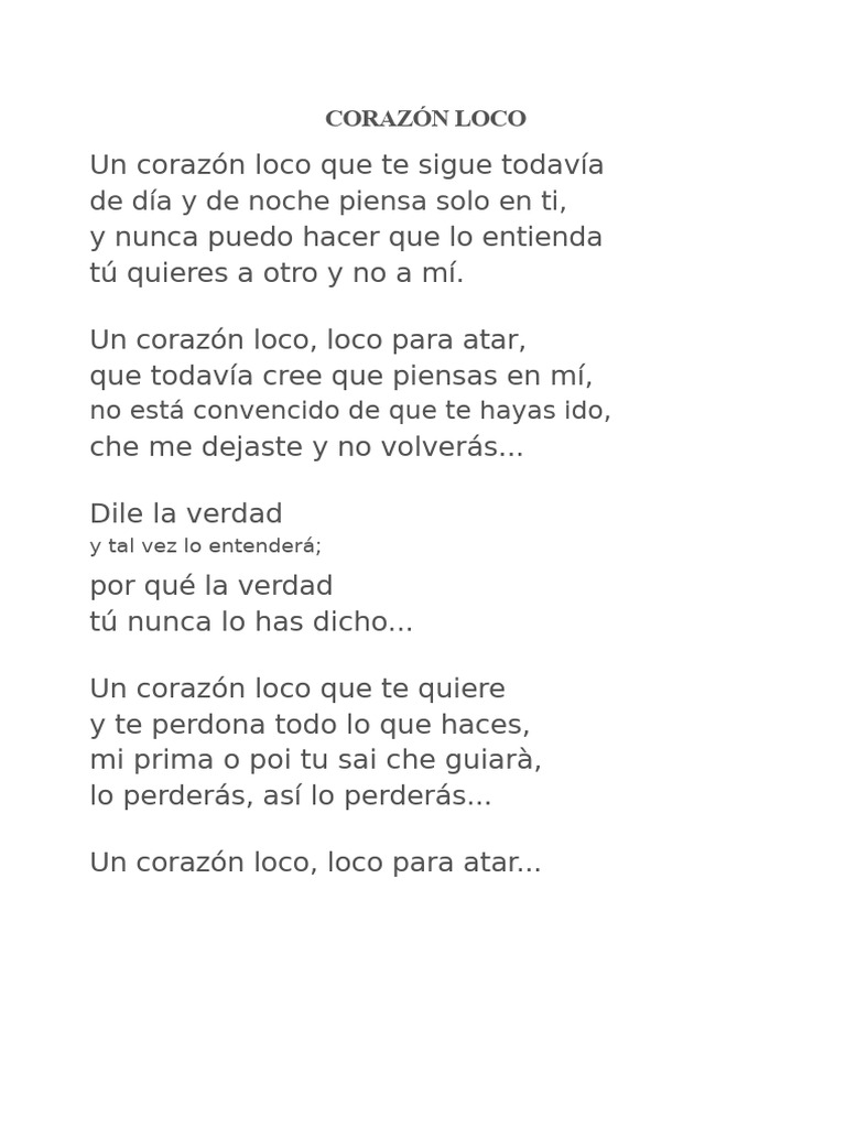 Corazón Loco Letras | PDF | Amor