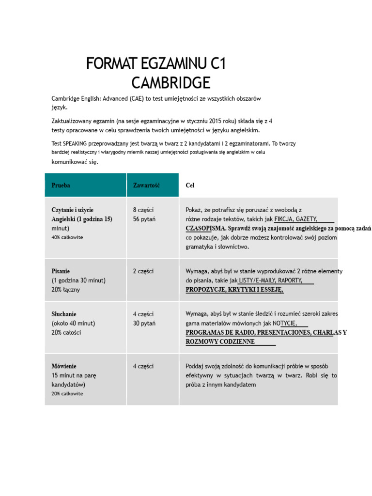 Format Egzaminu C1 Cambridge | PDF