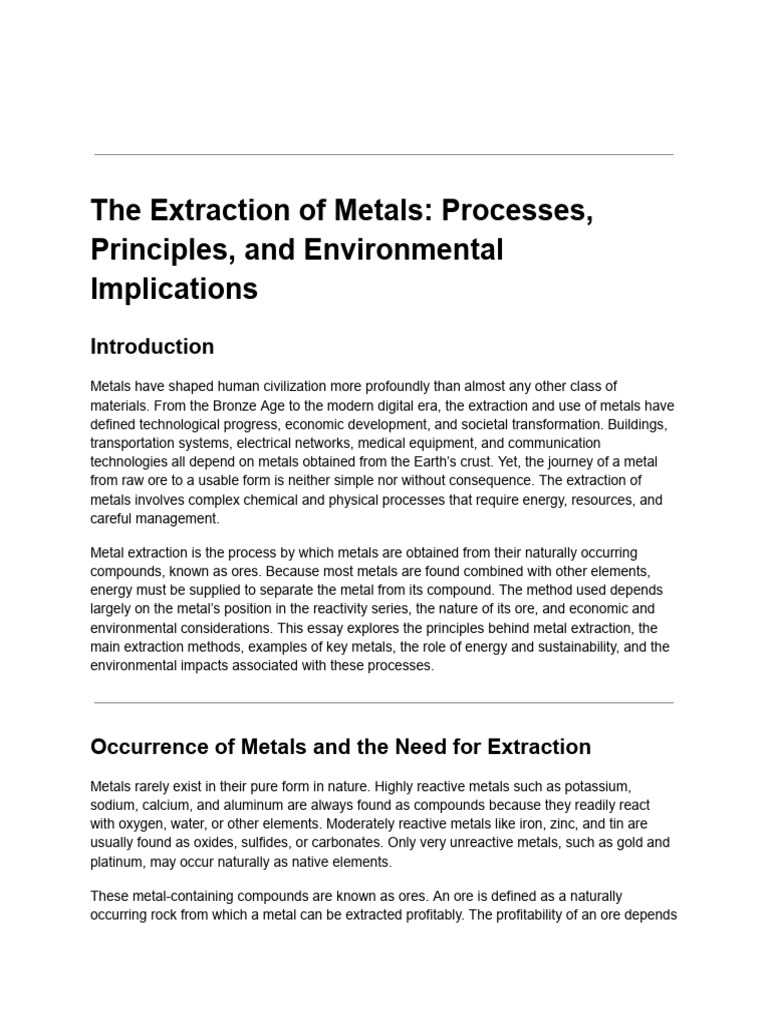 The Extraction of Metals - Processes, Principles, and Environmental ...