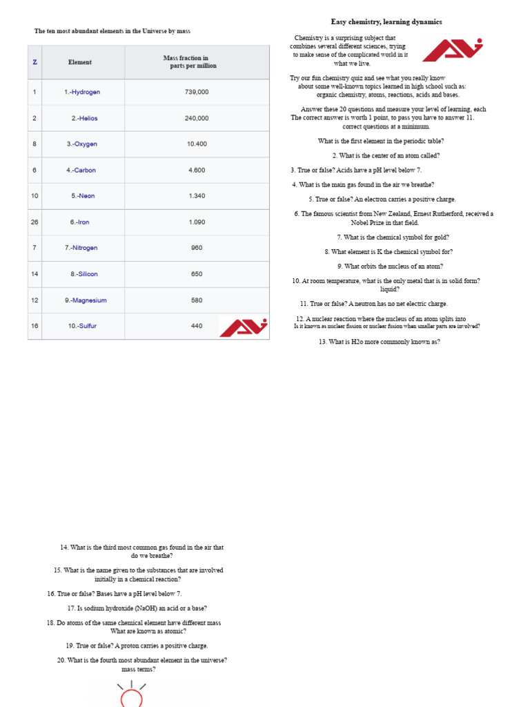 The Ten Most Abundant Elements in The Universe in Terms of Mass. | PDF ...